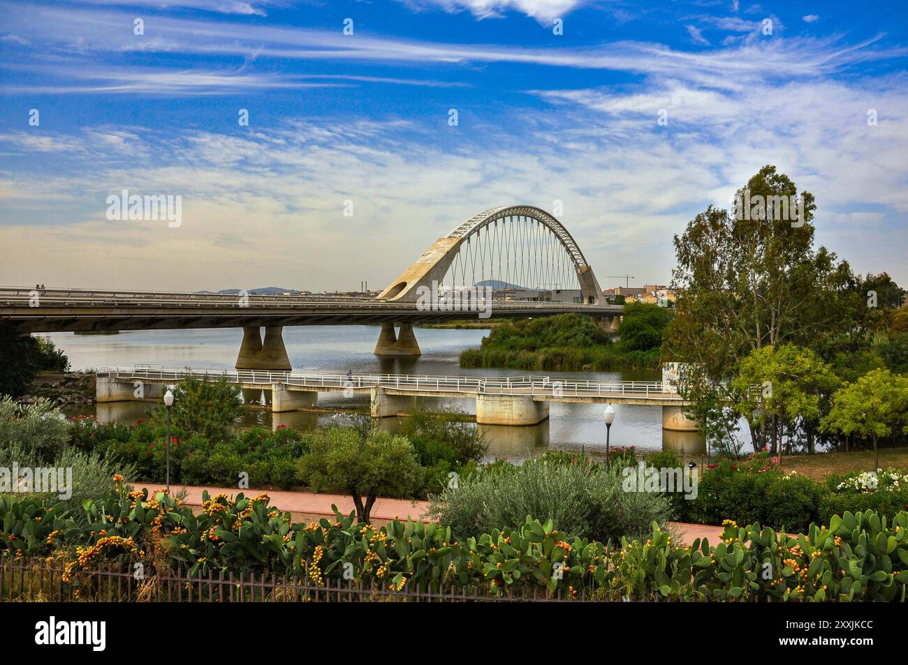 The modern 20th-century Lusitania Bridge, a sleek suspension bridge ...