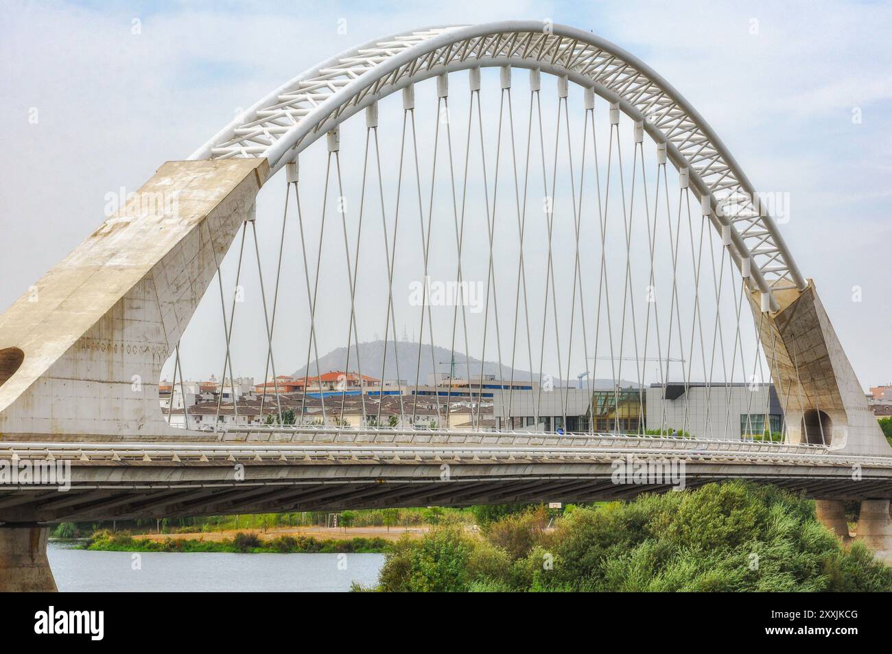 The modern 20th-century Lusitania Bridge, a sleek suspension bridge ...