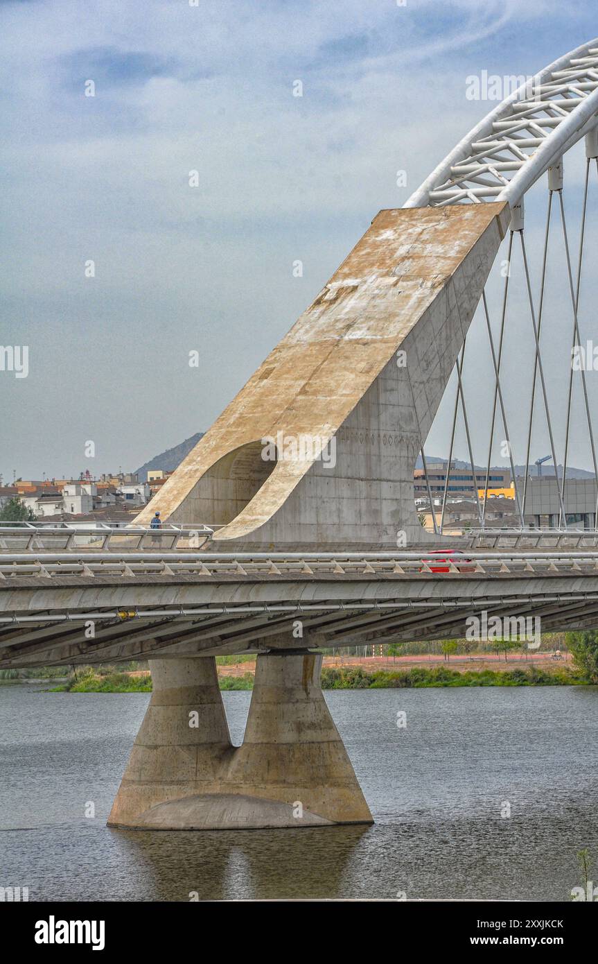 The modern 20th-century Lusitania Bridge, a sleek suspension bridge ...