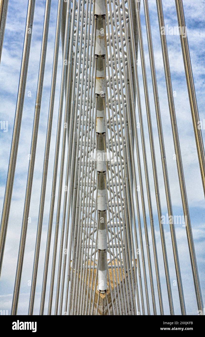 The modern 20th-century Lusitania Bridge, a sleek suspension bridge ...