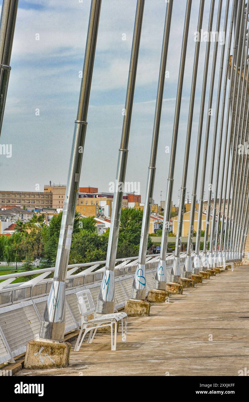 The modern 20th-century Lusitania Bridge, a sleek suspension bridge ...