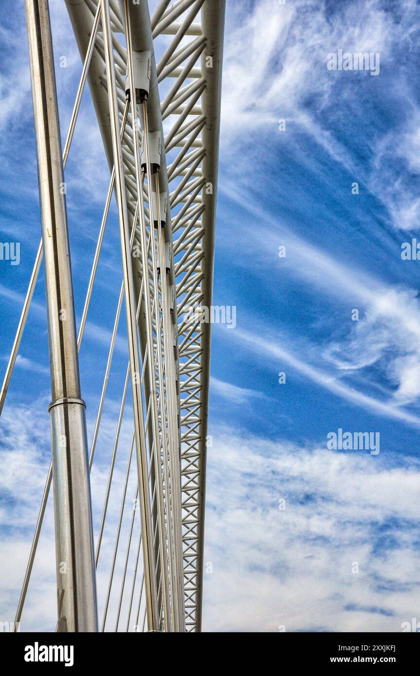 The modern 20th-century Lusitania Bridge, a sleek suspension bridge ...
