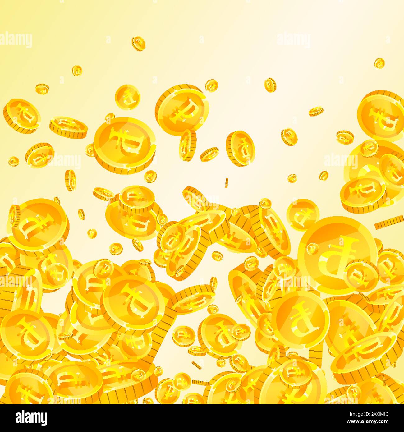 Russian ruble coins falling. Scattered gold RUB coins. Russia money ...