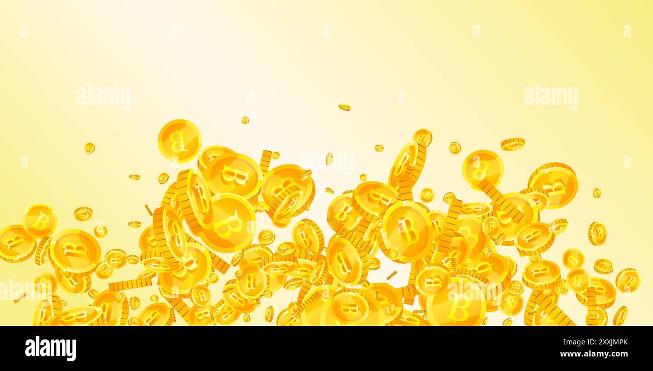 Thai baht coins falling. Gold scattered THB coins. Thailand money ...
