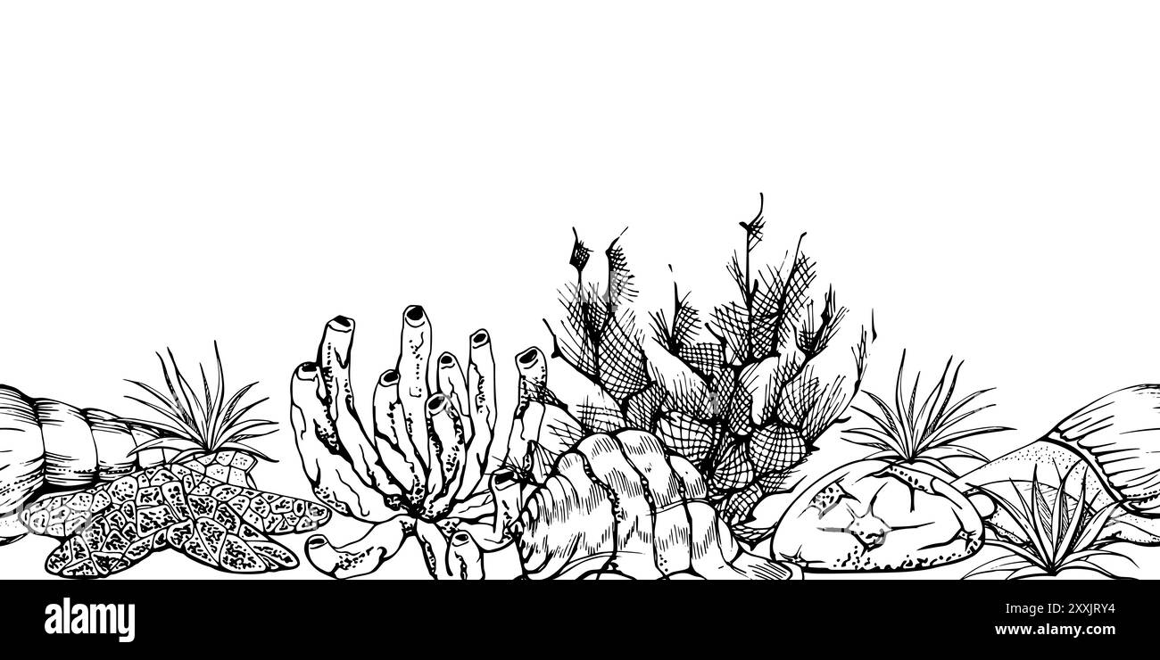 Watercolor and ink hand drawn marine life, sea ocean underwater ...