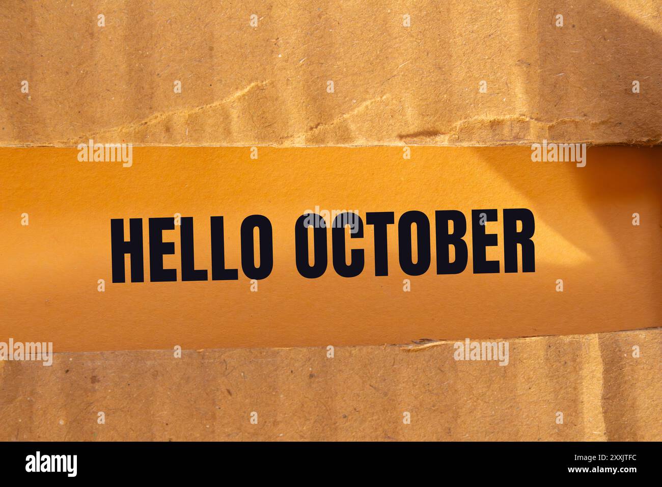Hello october message written on ripped torn cardboard paper with ...