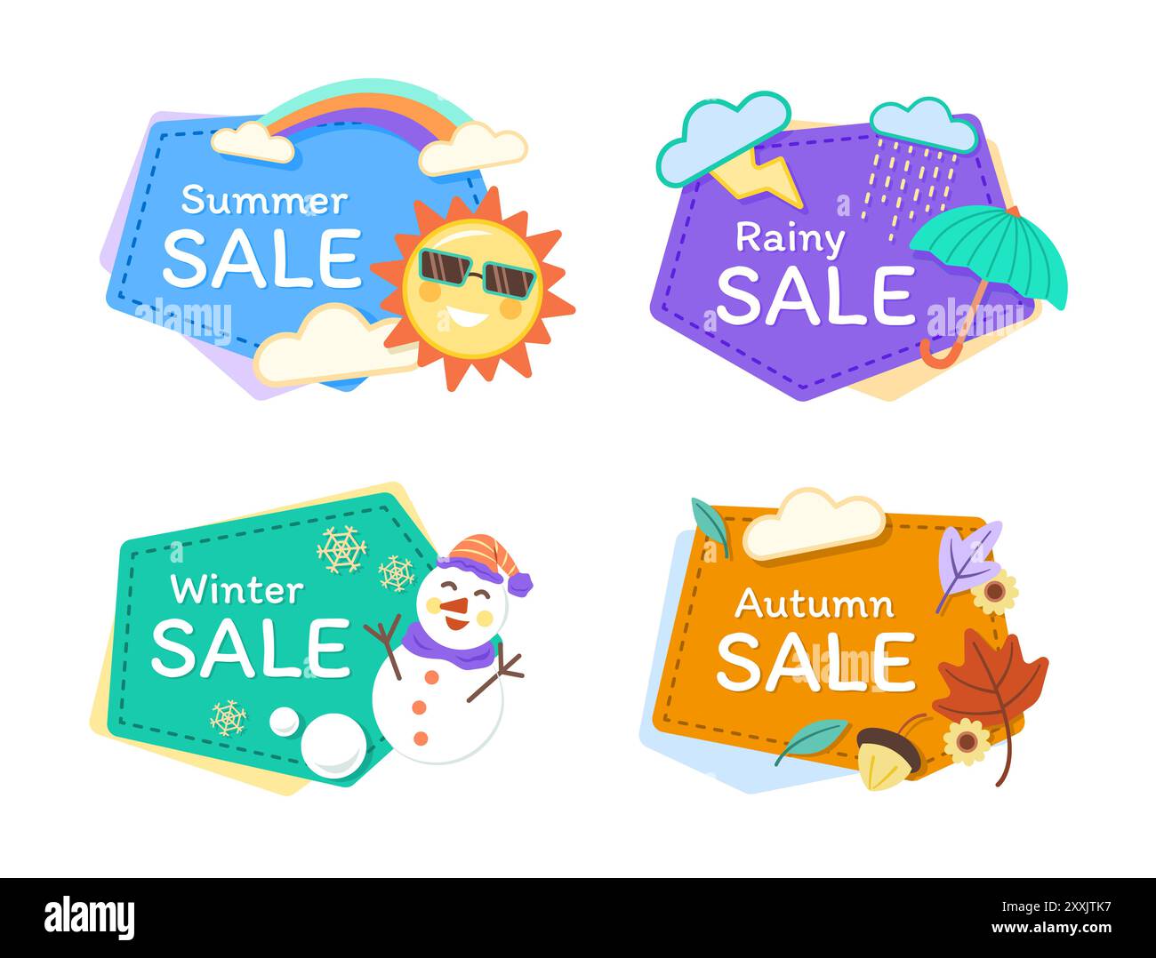 Set of Sale Labels with Cute Seasonal Cartoon Characters for Special ...