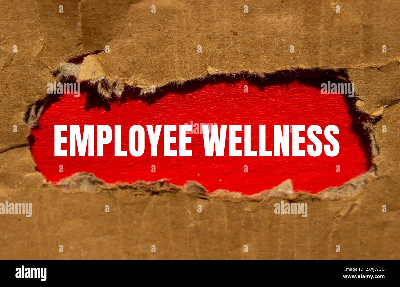 Employee wellness message written on torn cardboard paper with red ...