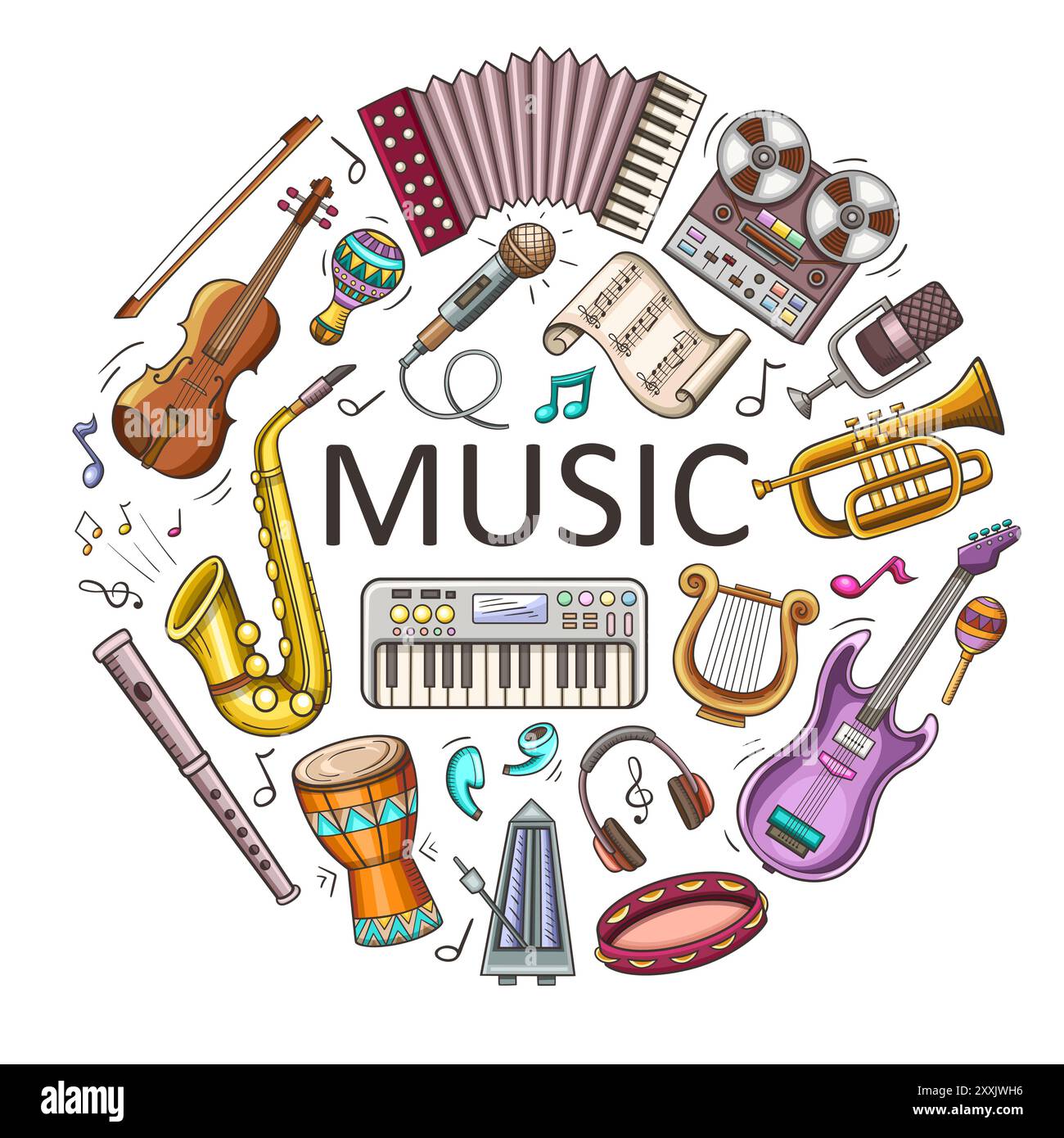 Hand drawn doodle music round banner with musical instruments on a ...