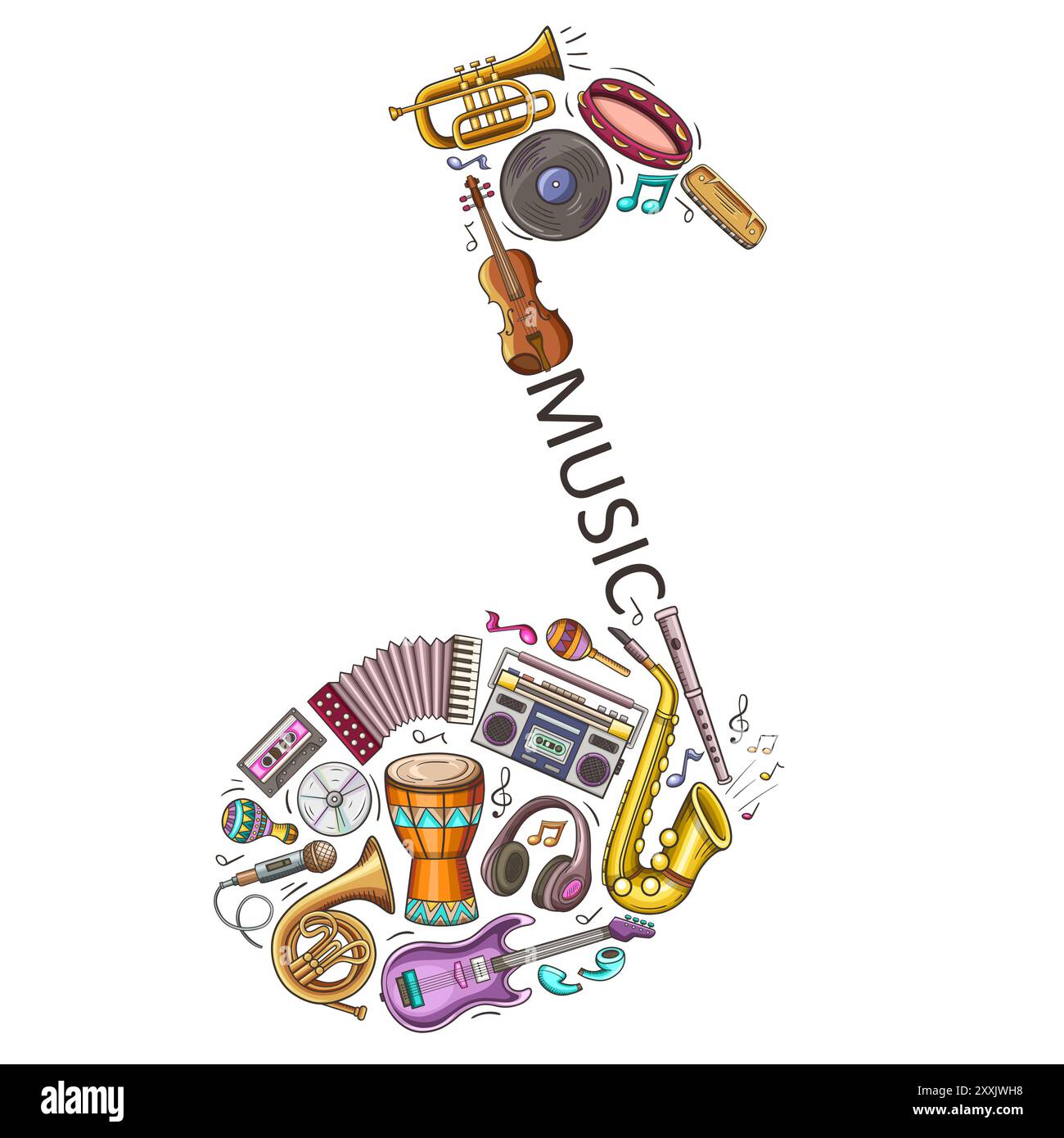 Hand drawn doodle musical note poster with different musical ...