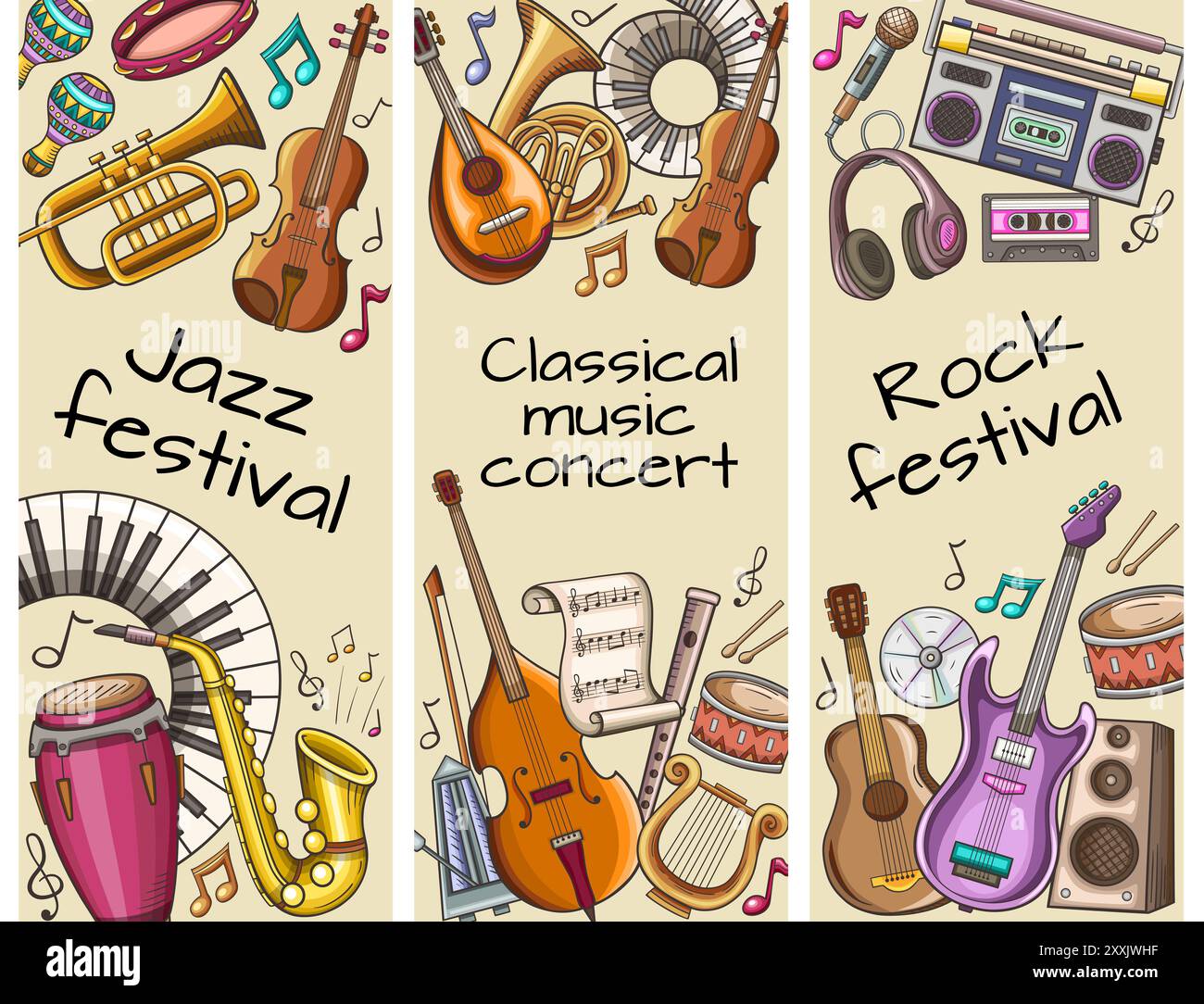 Hand drawn doodle musical vertical banners with different musical ...