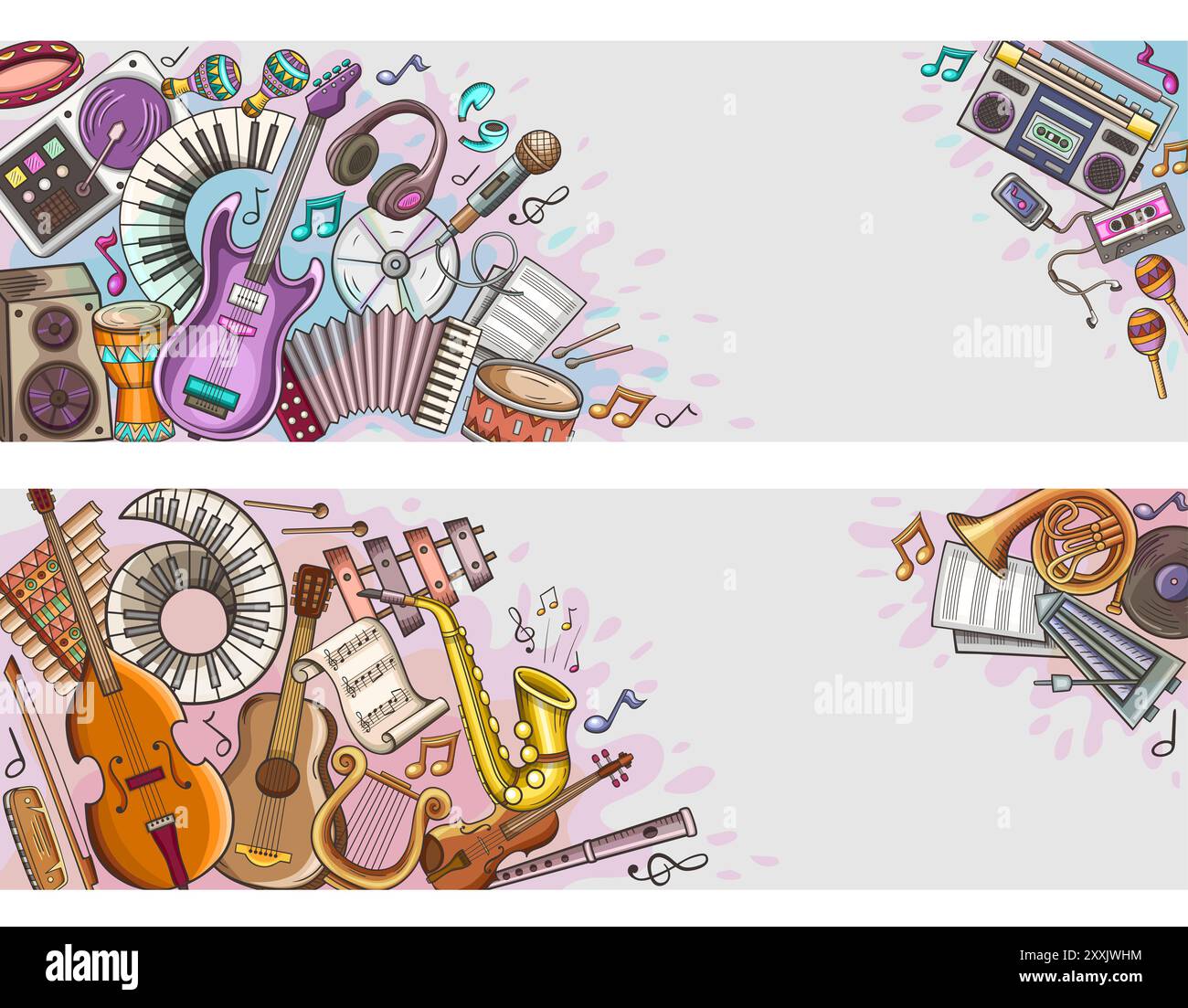 Hand drawn doodle musical banners with different musical instruments ...