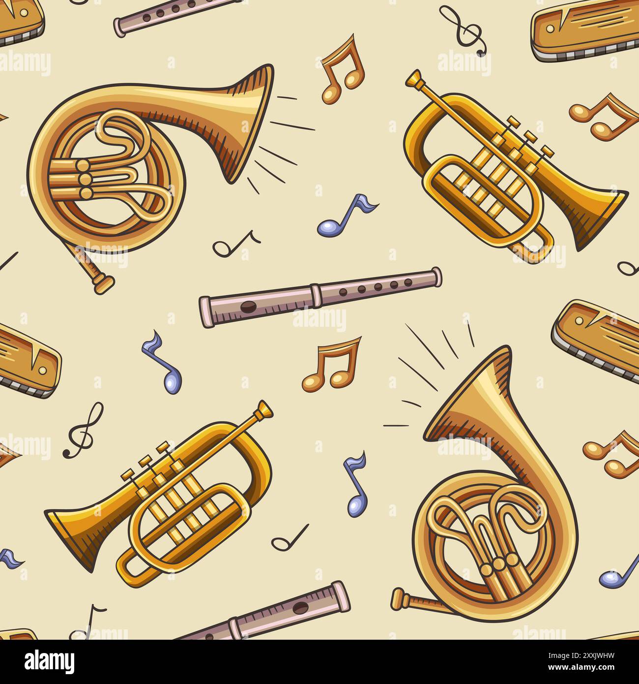 Seamless pattern with wind classic musical instruments, trumpet, flute ...