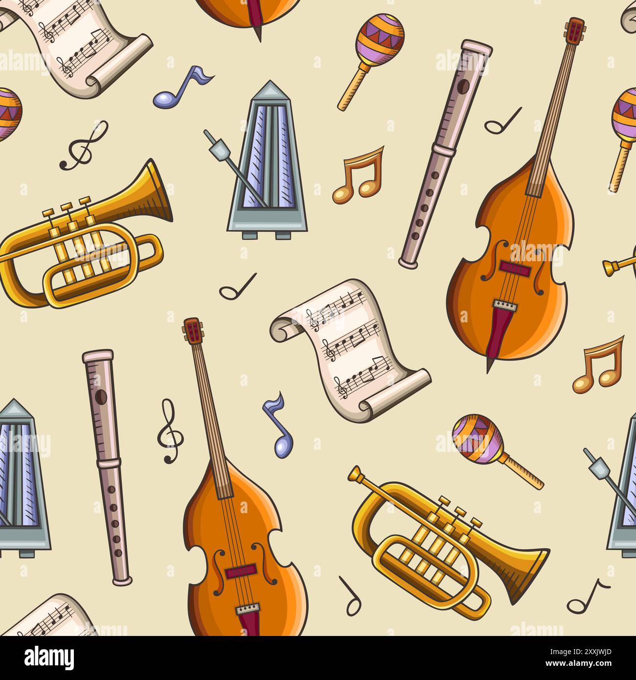 Seamless pattern with classic musical instruments and notes, cello ...