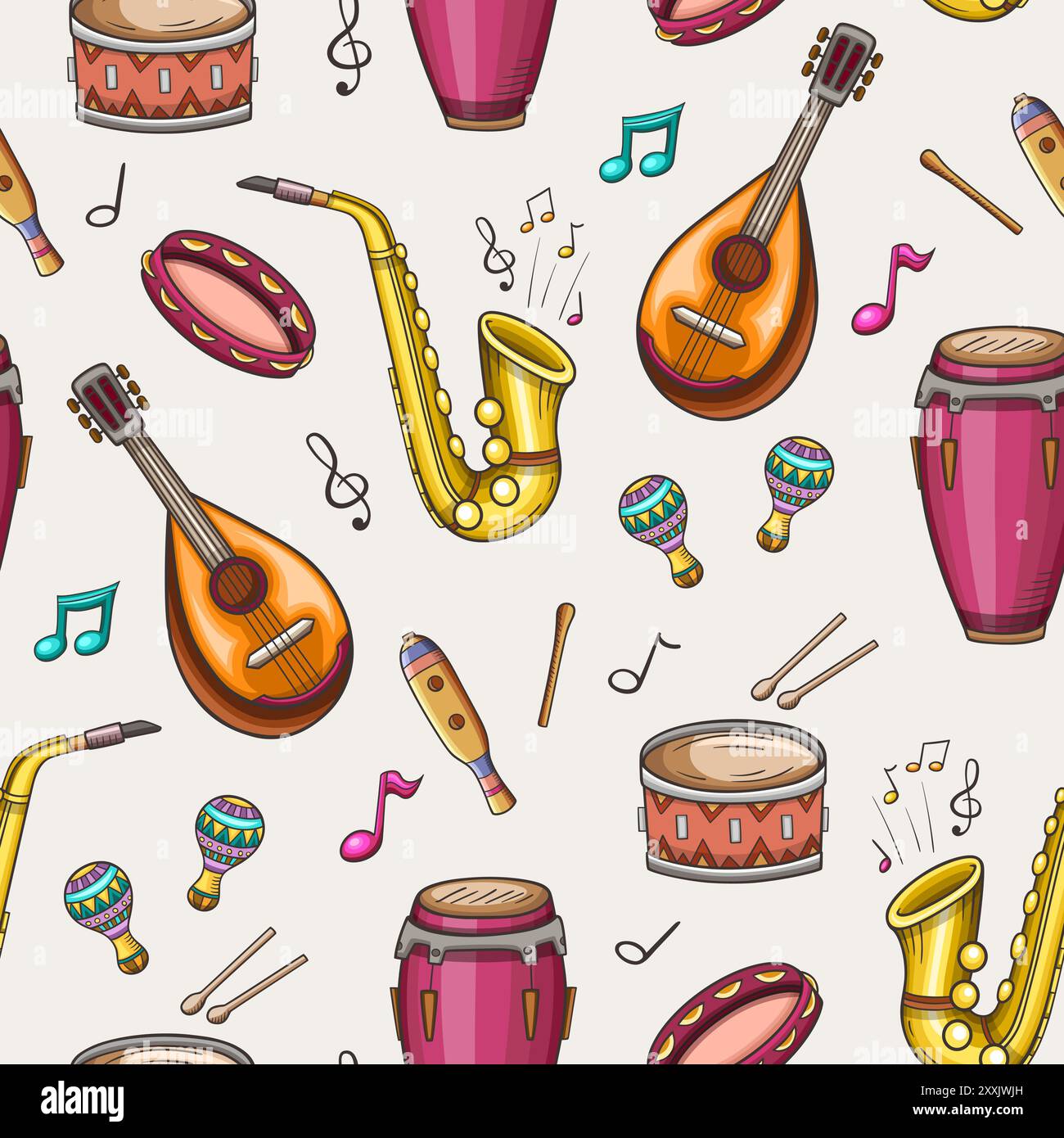 Seamless pattern with jazz musical instruments, saxophone, drum and ...