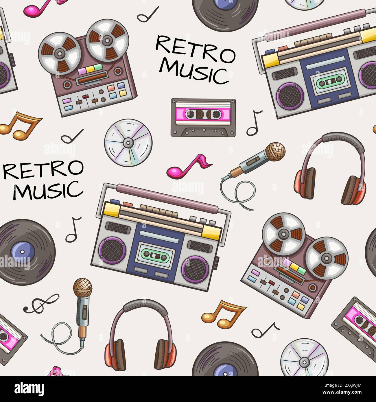 Seamless pattern with retro musical equipment, tape recorder ...