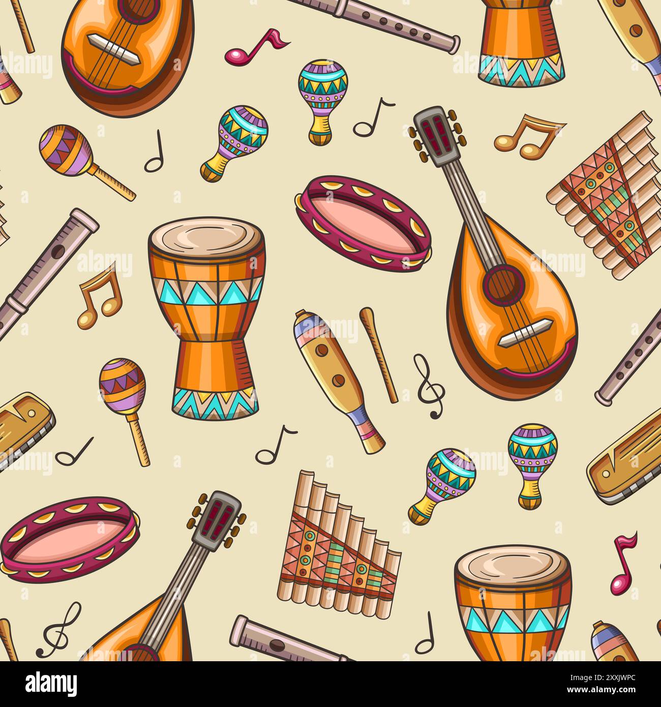 Seamless pattern with jazz musical instruments, mandolin, drum and ...