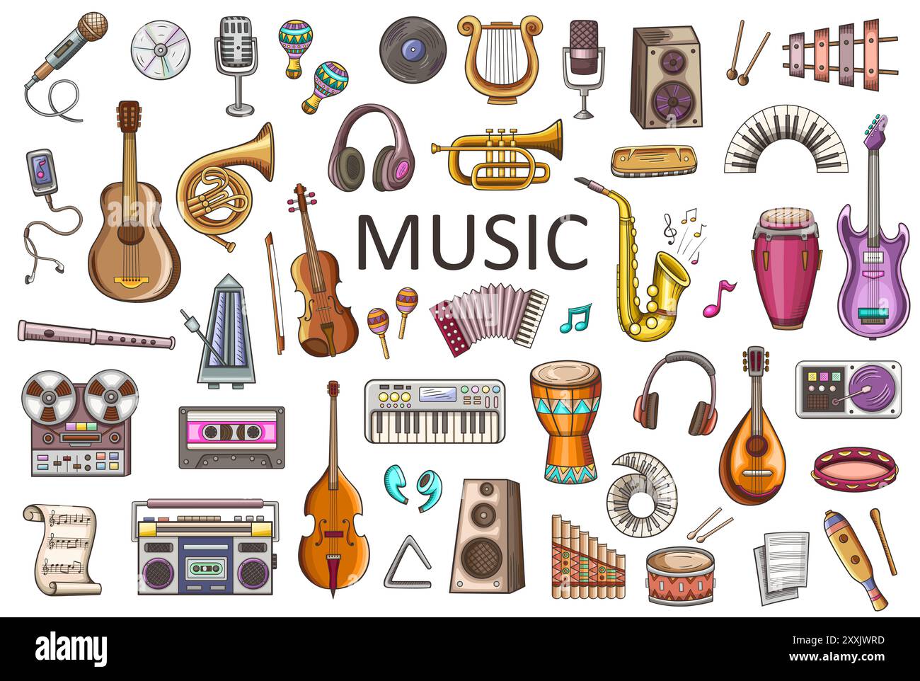 Set of different musical instruments on a white background. Hand drawn ...