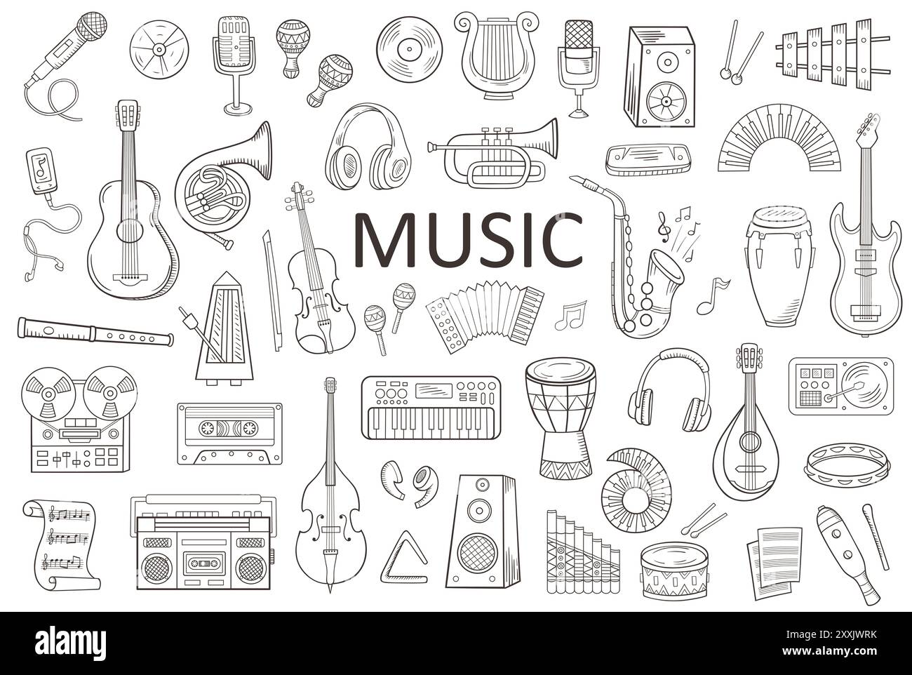 Set of different musical instruments on a white background. Hand drawn ...