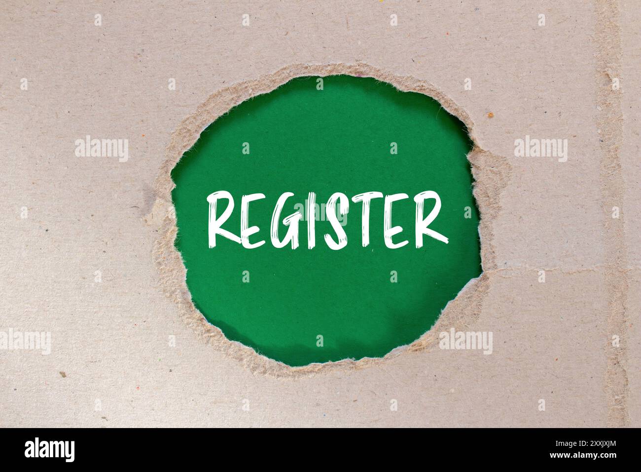 Register message written on ripped torn paper with green background. Conceptual register symbol ...