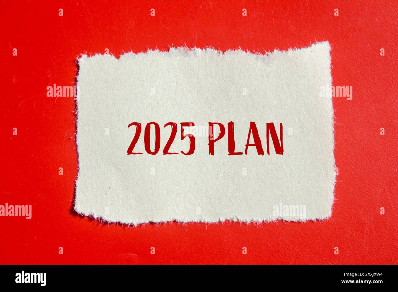 2025 plan message written on ripped torn paper piece with red background. Conceptual 2025 plan ...