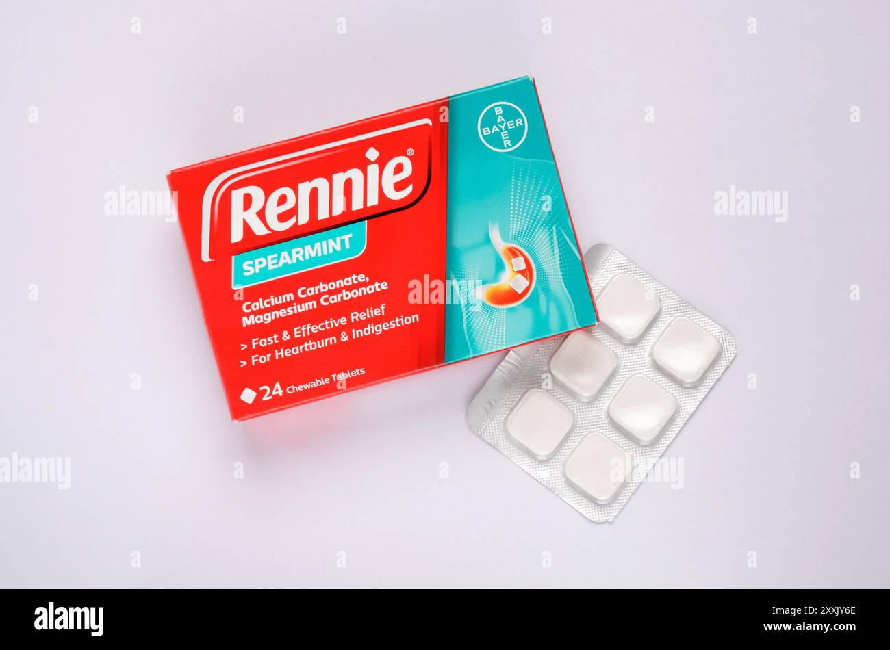 Retail packaging box of Rennie tablets for the relief of heartburn and ...