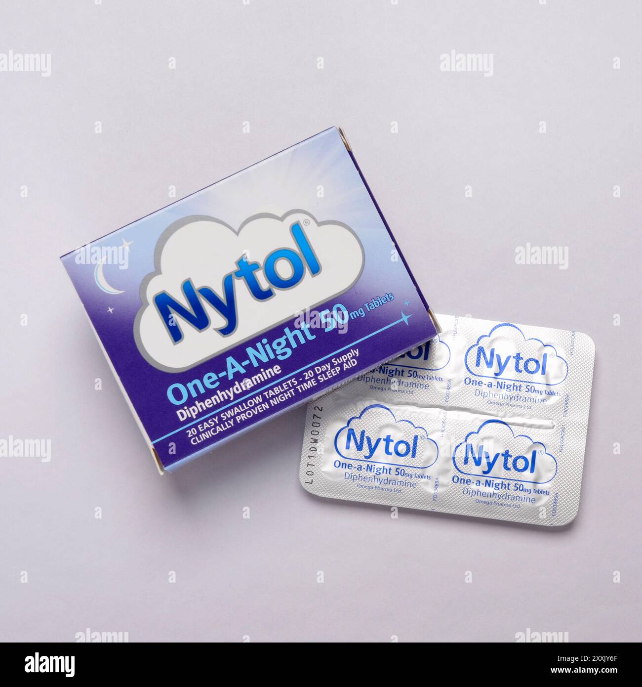 Retail packaging box of Nytol brand sleeping tablets blister pack out ...
