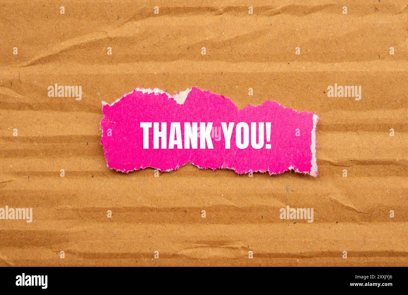 Thank you message written on ripped pink torn paper piece with ...