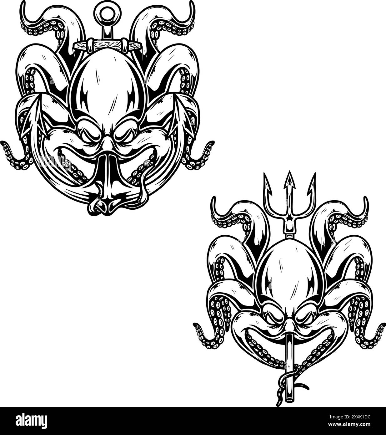 Anchor Drawing With Octopus Marine Animals With Anchor, Rudder And