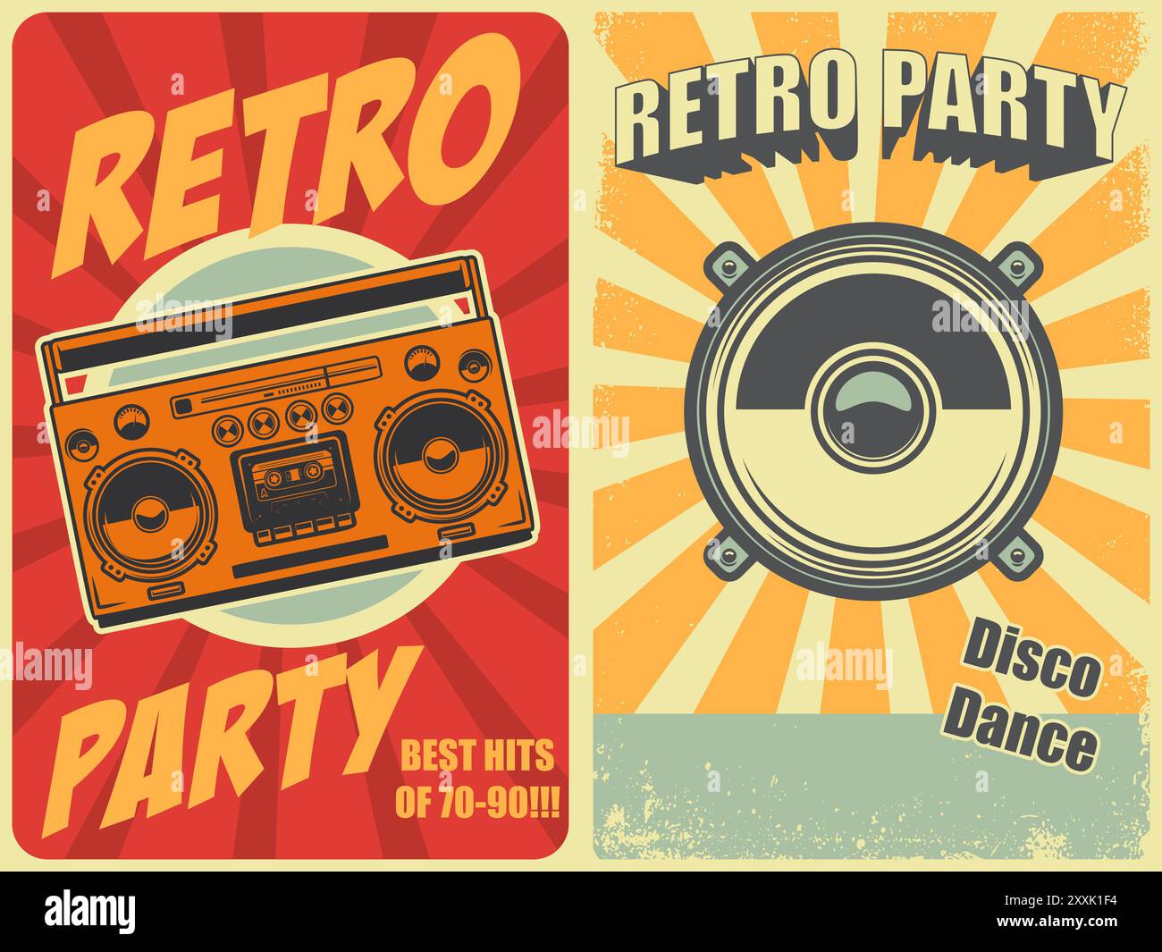 Retro party. Poster template with retro style boombox, microphone ...