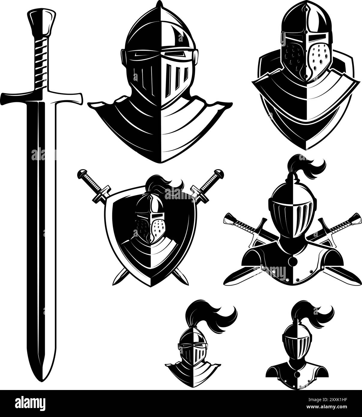 Set of knights helmets isolated on white background. Design elements ...