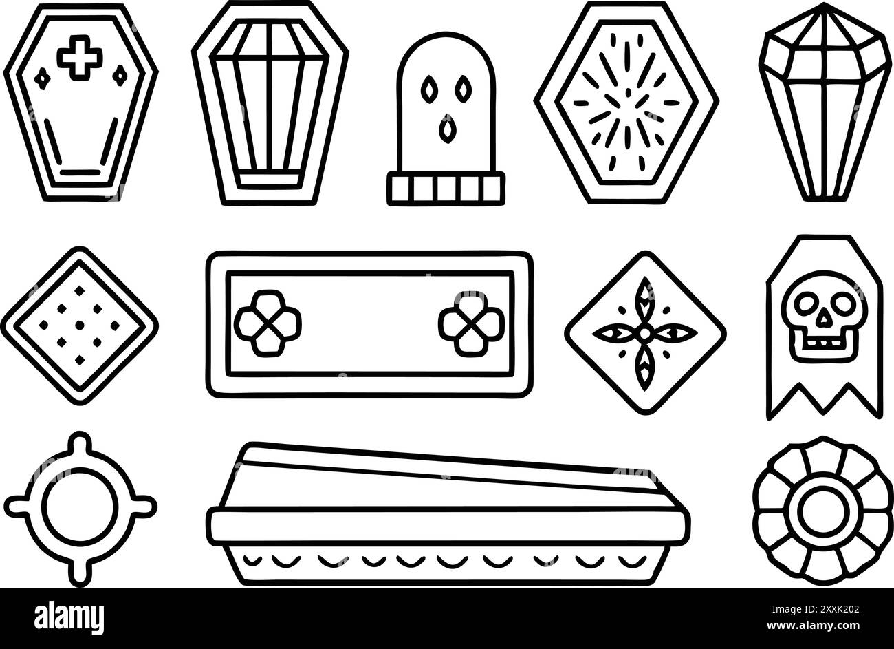 coffin icon set. editable stroke outline icons set. vector illustration ...
