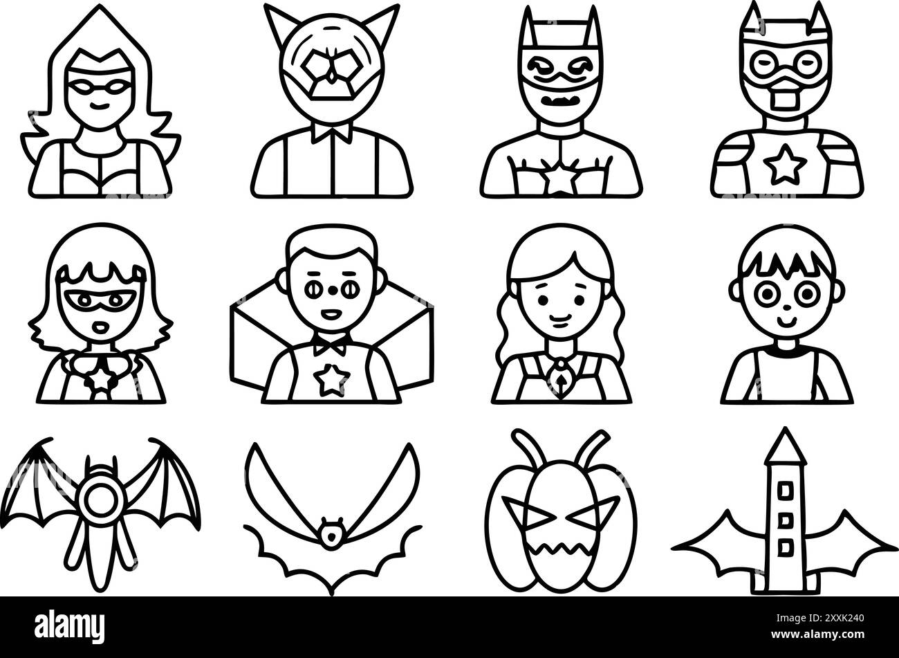 Halloween superhero icon set. editable stroke outline icons set. vector ...