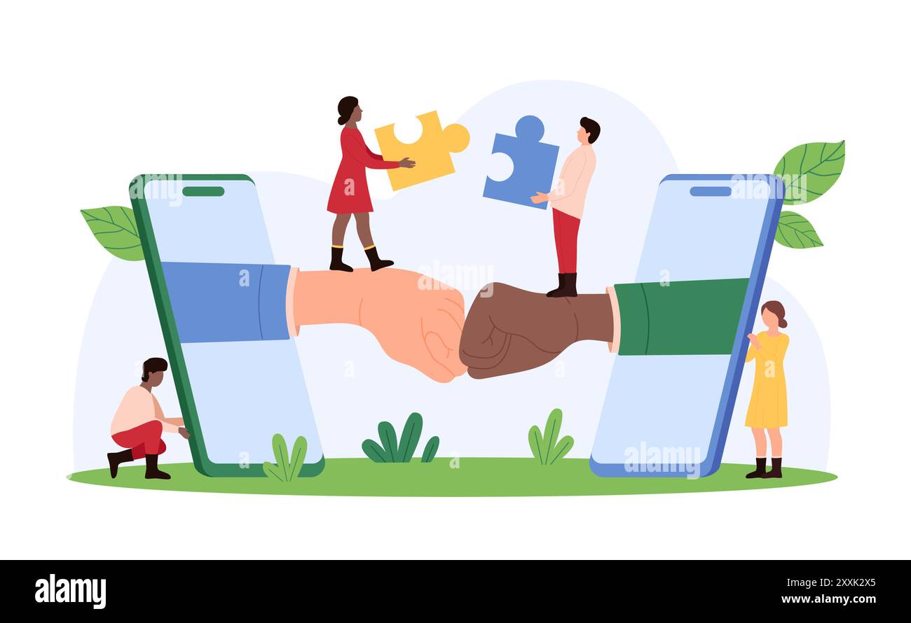 People using smartphones for collaboration, exchanging puzzle pieces and shaking hands virtually ...