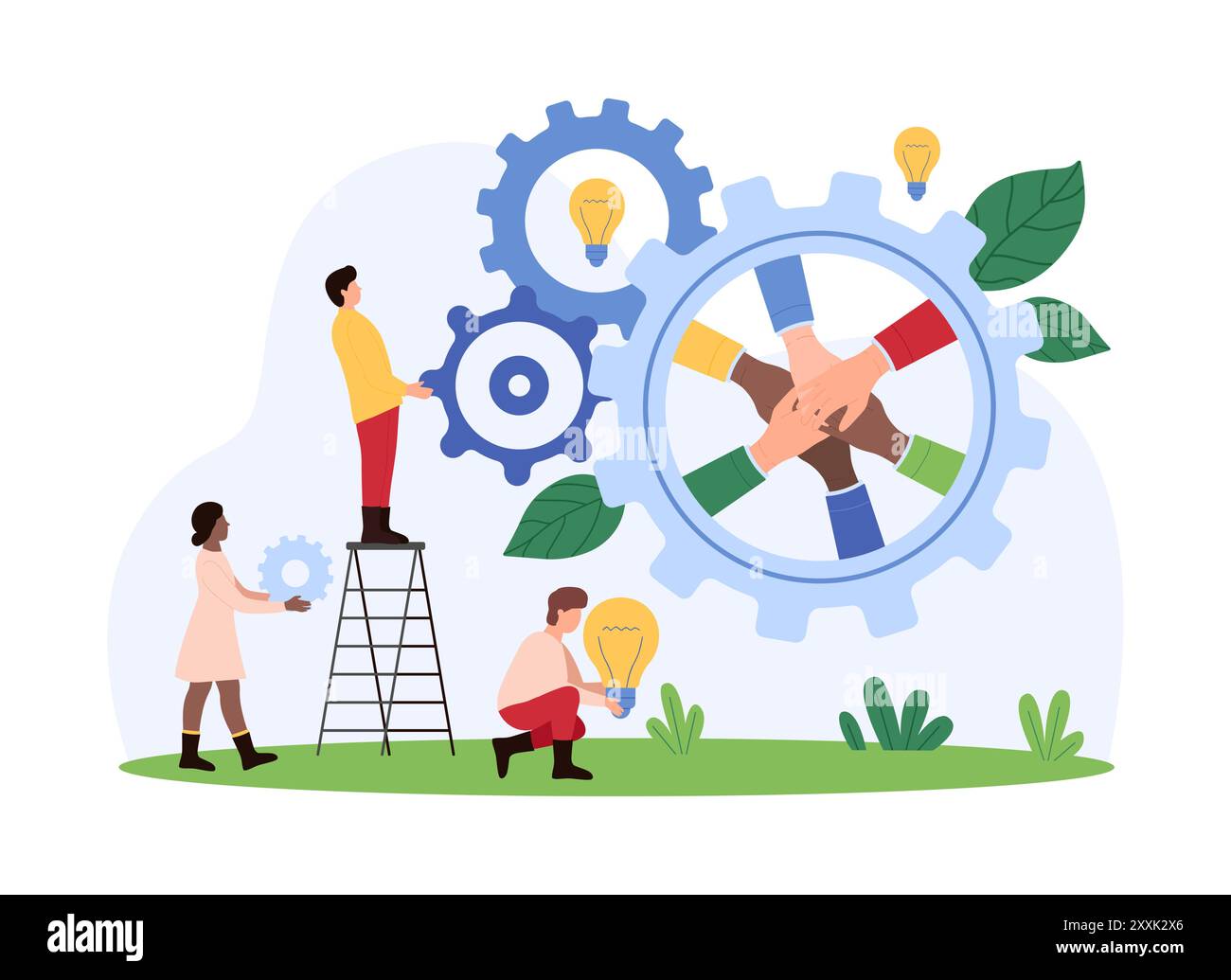 Team members working together, assembling large gears with hands joined ...