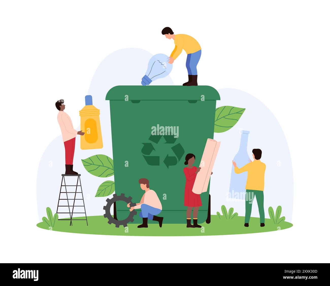 Sorting waste for recycling, garbage classification. Tiny people hold ...