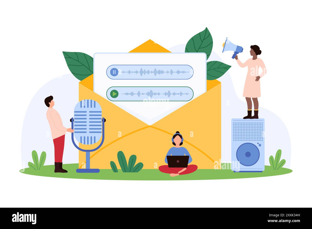 Team members creating and sharing voice messages. One holds a ...