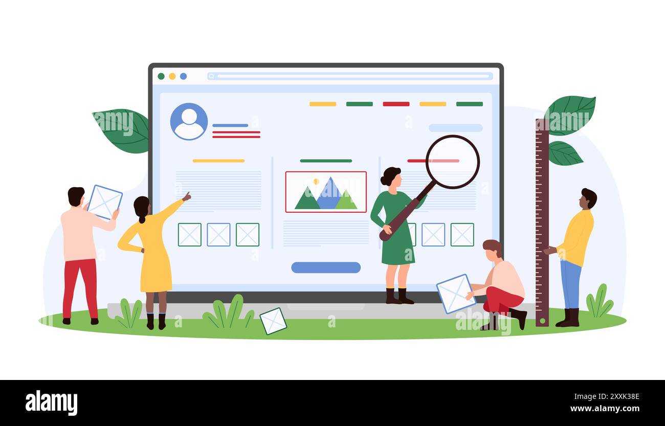 Website design or redesign process, creative interface creation. Tiny people work with ...