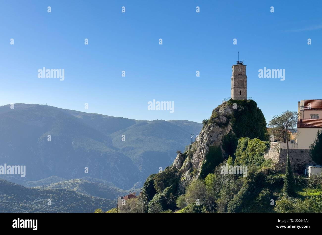 Greece Arachova village, clock tower at the town center Tourist resort ...