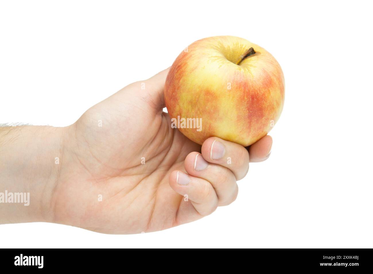 Male hand holding apple isolated on white background Stock Photo - Alamy