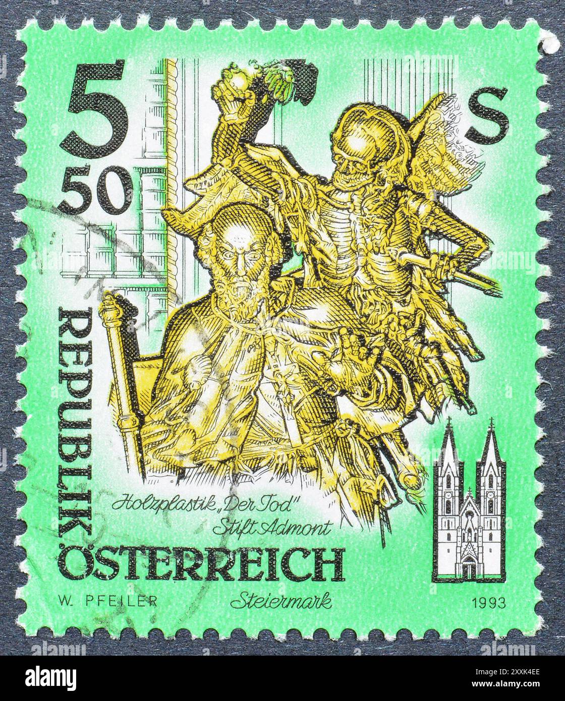 Cancelled postage stamp printed by Austria, that shows "Death" (wooden ...