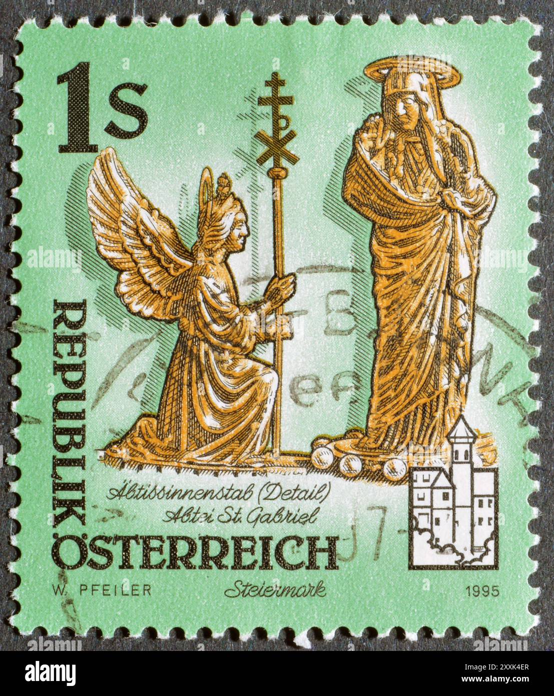 Cancelled postage stamp printed by Austria, that shows Rod of an Abbess ...
