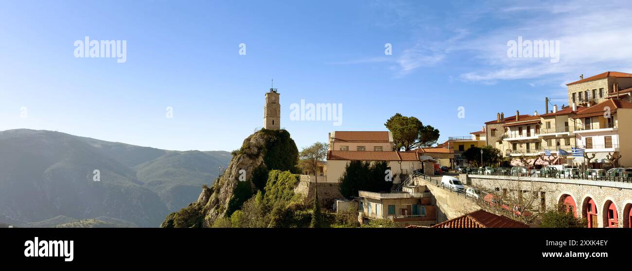 Greece Arachova village, panoramic view of clock tower at the town ...