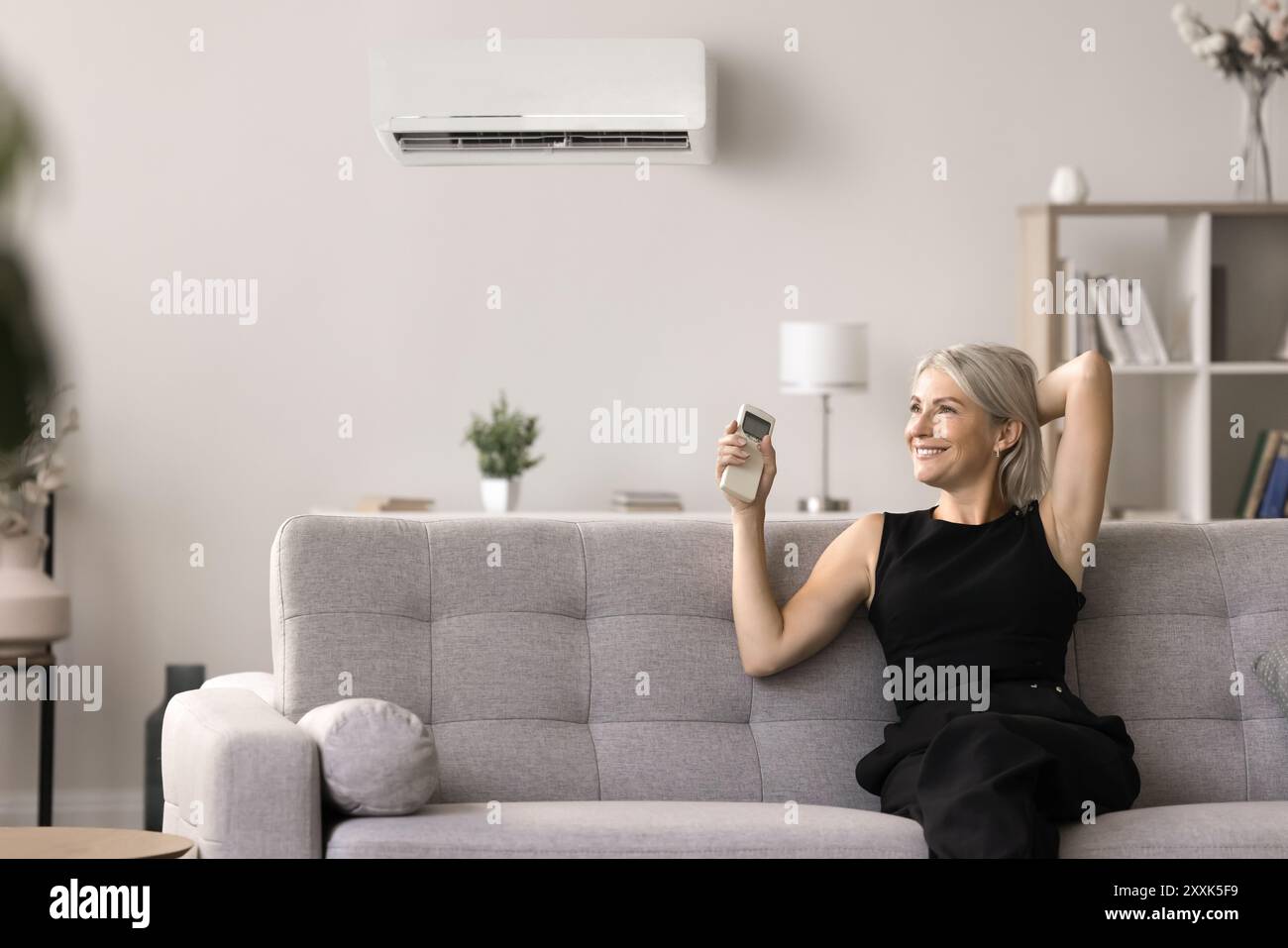 Female sit on sofa adjusting air conditioner in living room Stock Photo ...