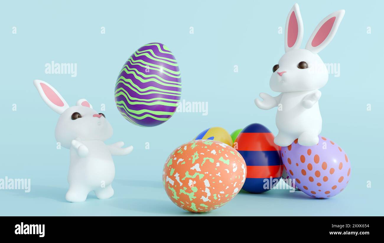 The adorable 3D renderings of white rabbits are playfully chasing and ...