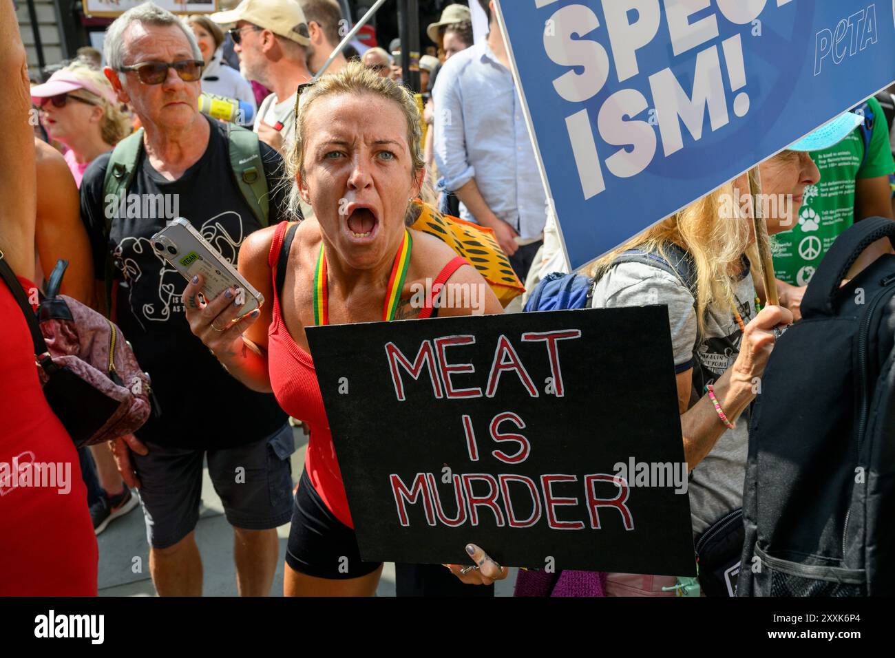 Protesters demonstrating outside the Angus Steakhouse Piccadilly Circus ...