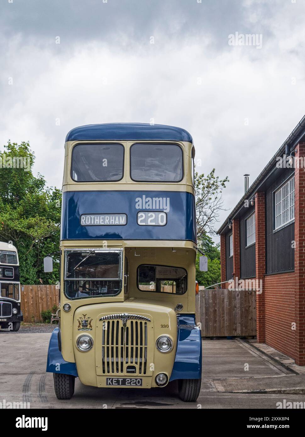 Old bus in blue and cream livery with Daimler badge, UK Stock Photo - Alamy