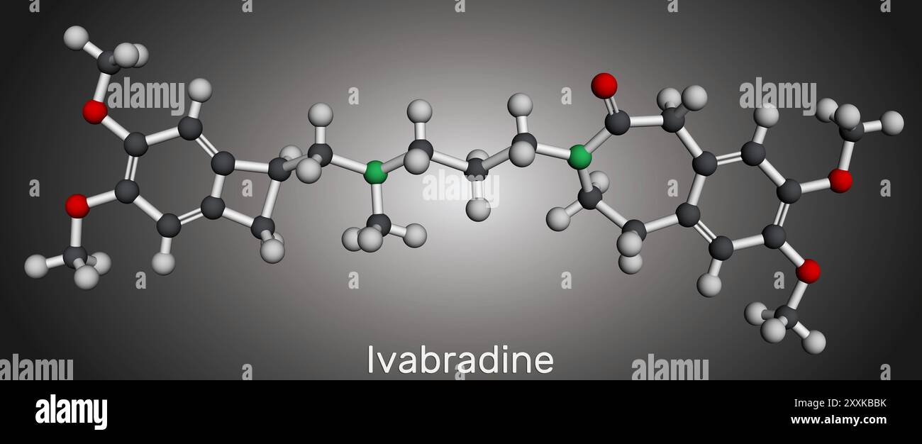 Ivabradine molecule. It is angina pectoris drug. Molecular model. 3D ...