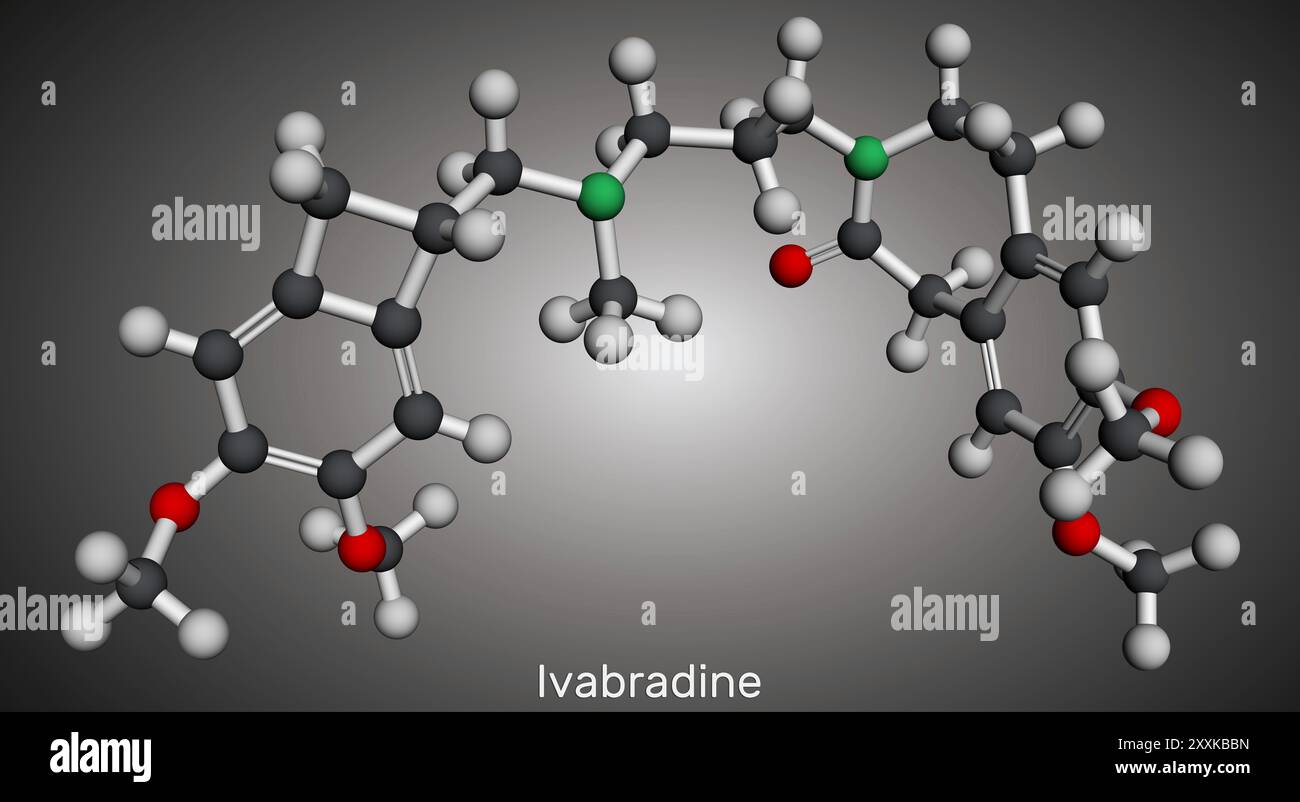 Ivabradine molecule. It is angina pectoris drug. Molecular model. 3D ...