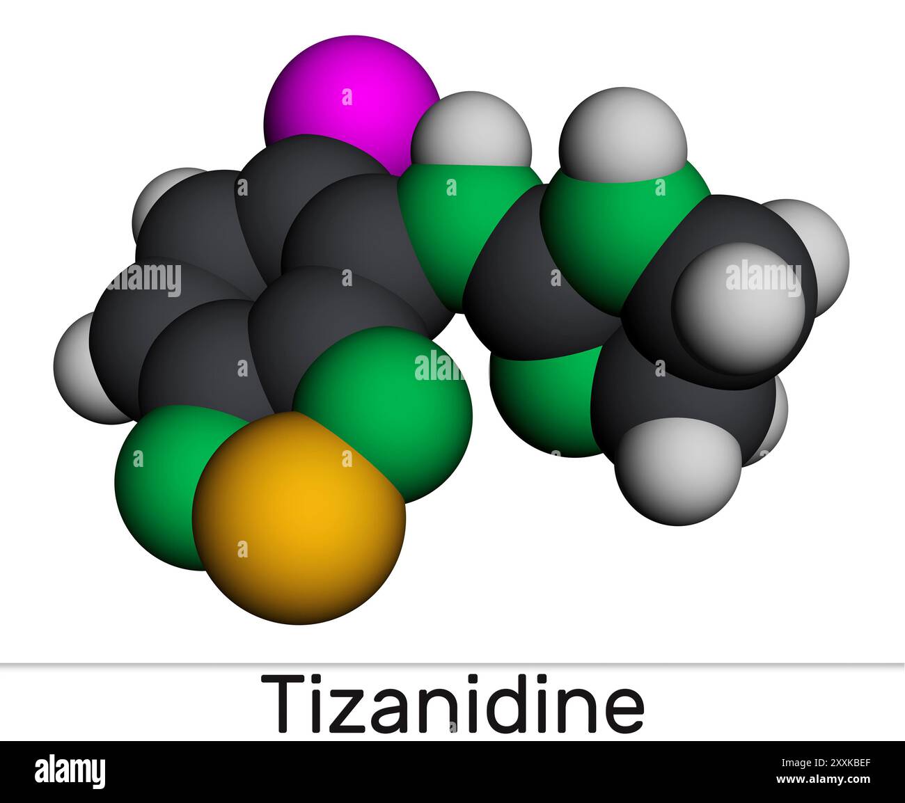 Tizanidine drug molecule. For treatment of muscle spasticity. Molecular ...